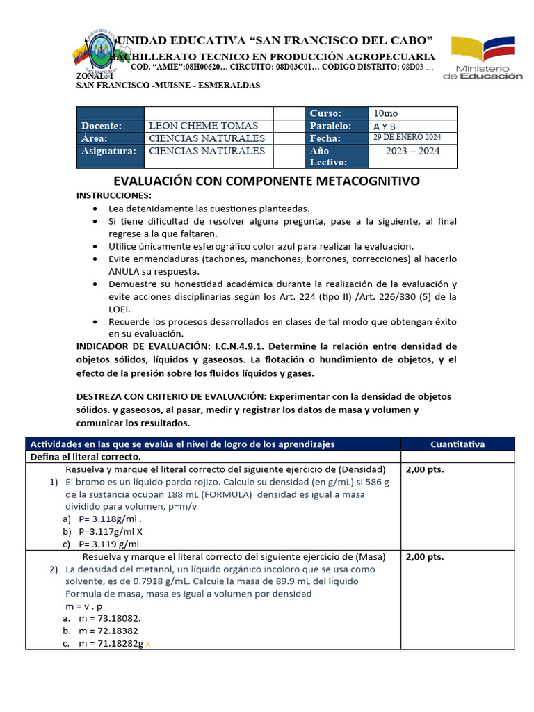 Instrumento de Evaluacion Final 10 A y B 2024 | Descargar gratis PDF | Evaluación | Metrología