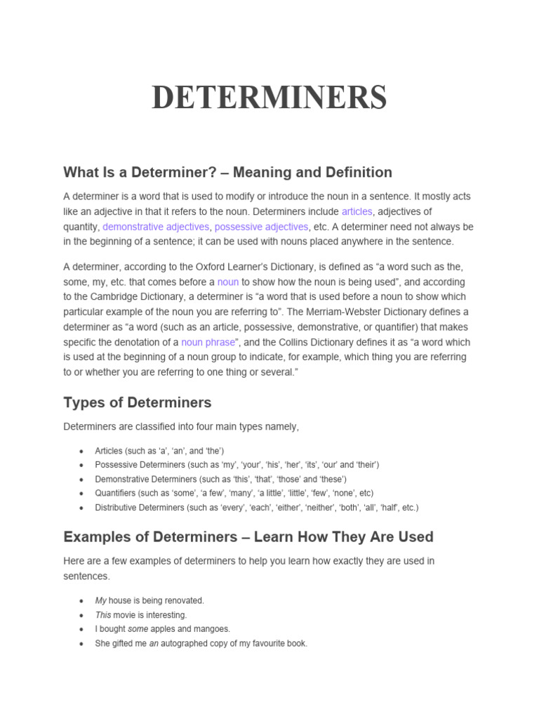 Determiners Eng Class 10 | PDF | Noun | Adjective