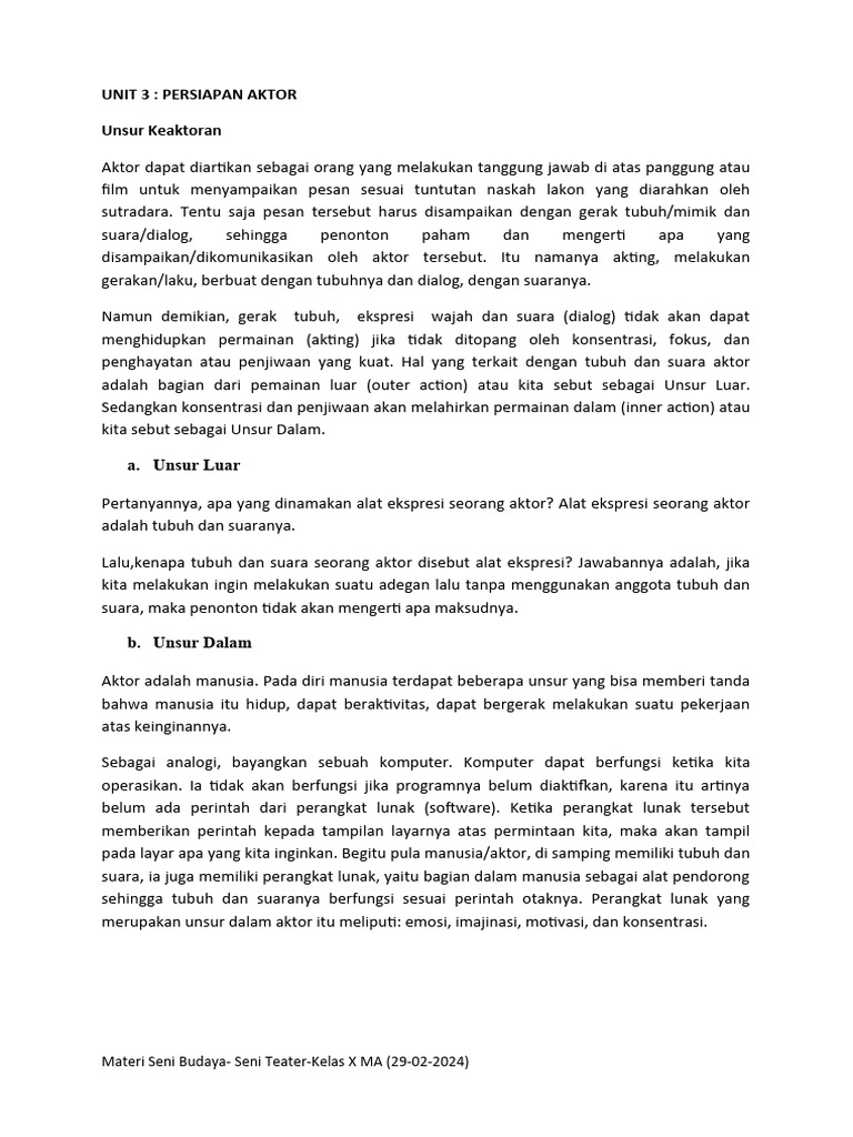 Materi Seni Teater Kelas X, UNIT 3 - Persiapan Aktor (Unsur Keaktoran) | PDF