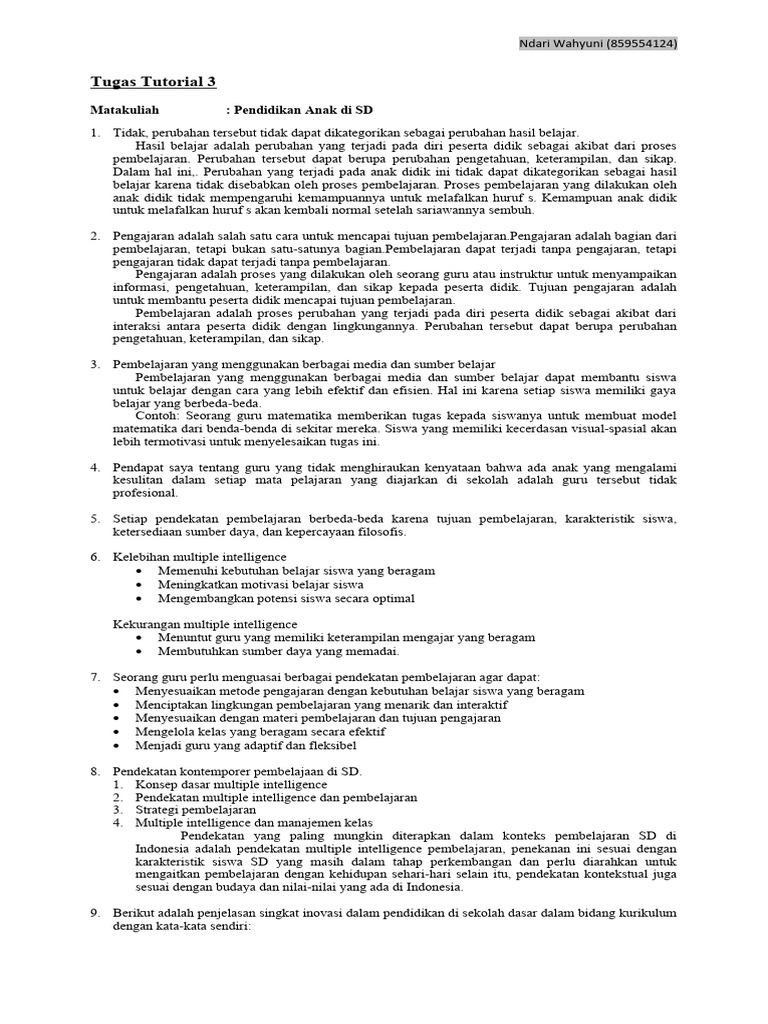 Tugas Tutorial 3 Pendidikan Anak Di SD ( | PDF | Karier & Perkembangan | Sains & Matematika