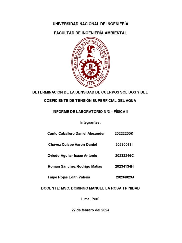 Informe De Laboratorio N°3 Física Ii Pdf Densidad Metrología