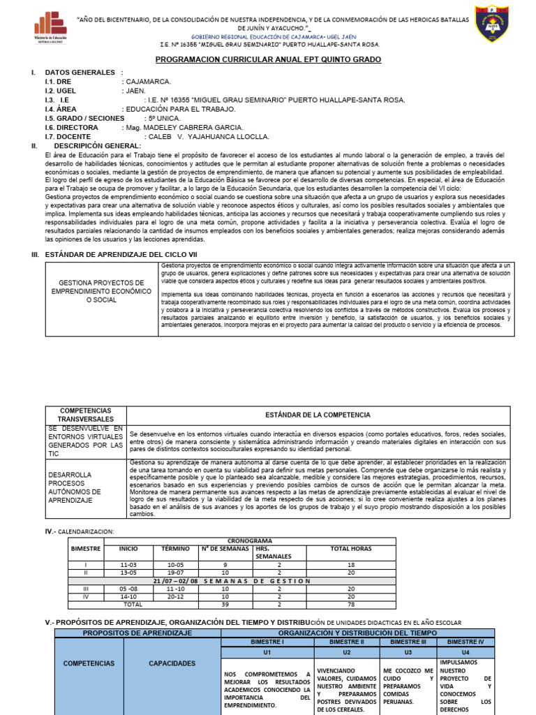 Programación Curricular EPT 5° Grado 2024 | PDF | Aprendizaje | Evaluación