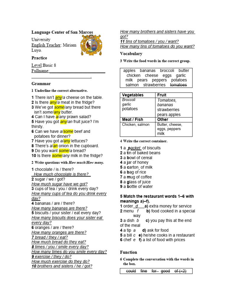 Basic 8 Practice 2 | PDF | Restaurants | Foods