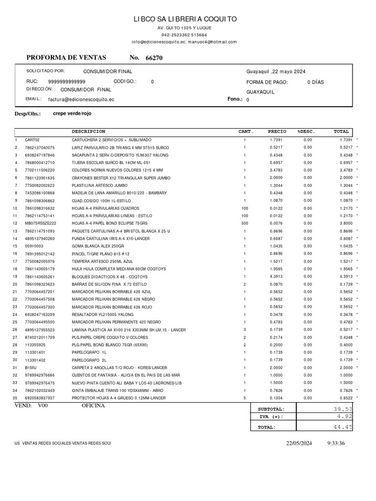 Proforma de Ventas No. 66270: Libco Sa Libreria Coquito | PDF