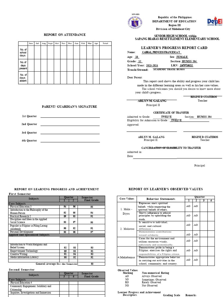 Shs Report Card Grade11 PDF Free | PDF