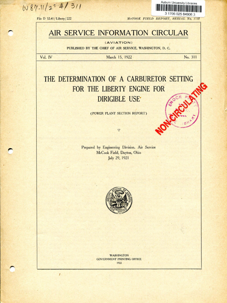 Determination of A Carburetor Setting For The Liberty Engine For ...