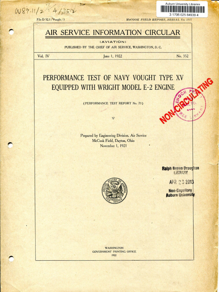 Performance Test of Navy Vought Type XV Equipped With Wright Model E-2 ...
