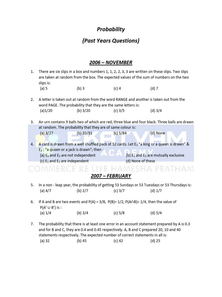 Probability Past Questions | PDF | Odds | Probability