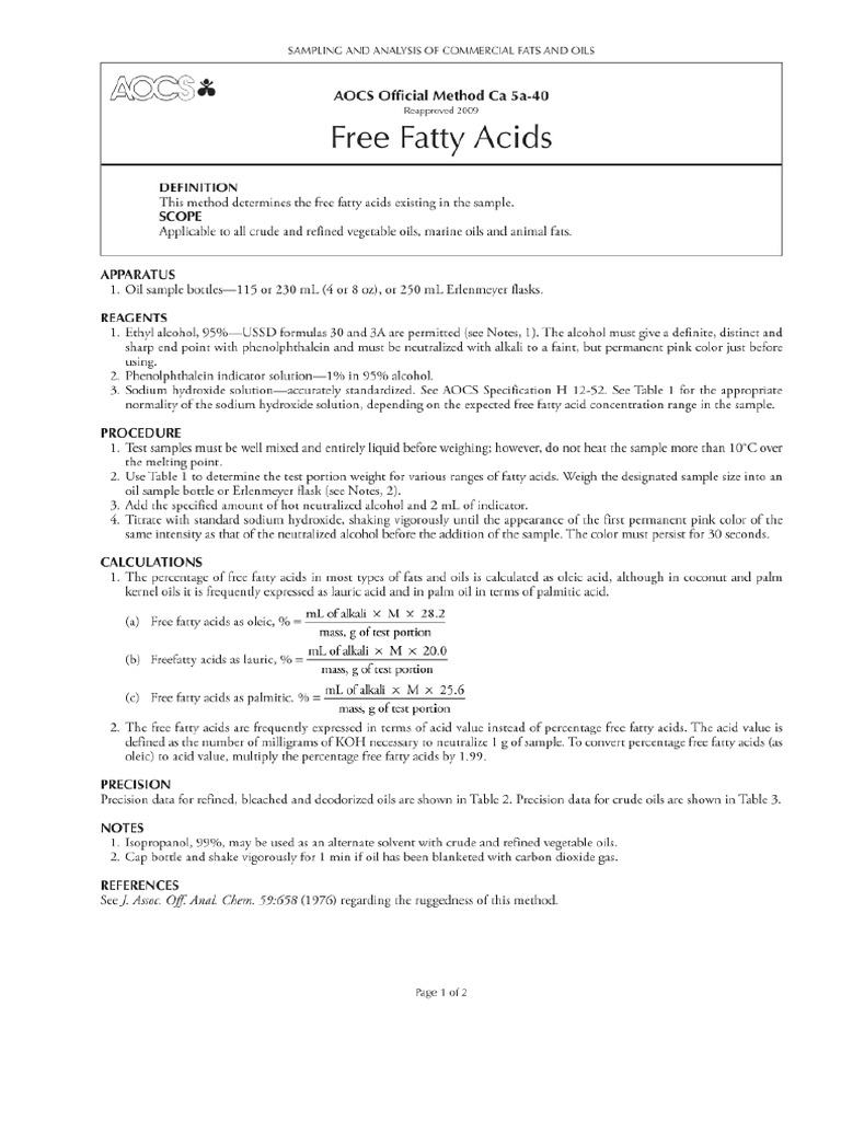 AOCS Official Method Ca 5a-40, Free Fatty Acids, Reapproved 2009 | PDF