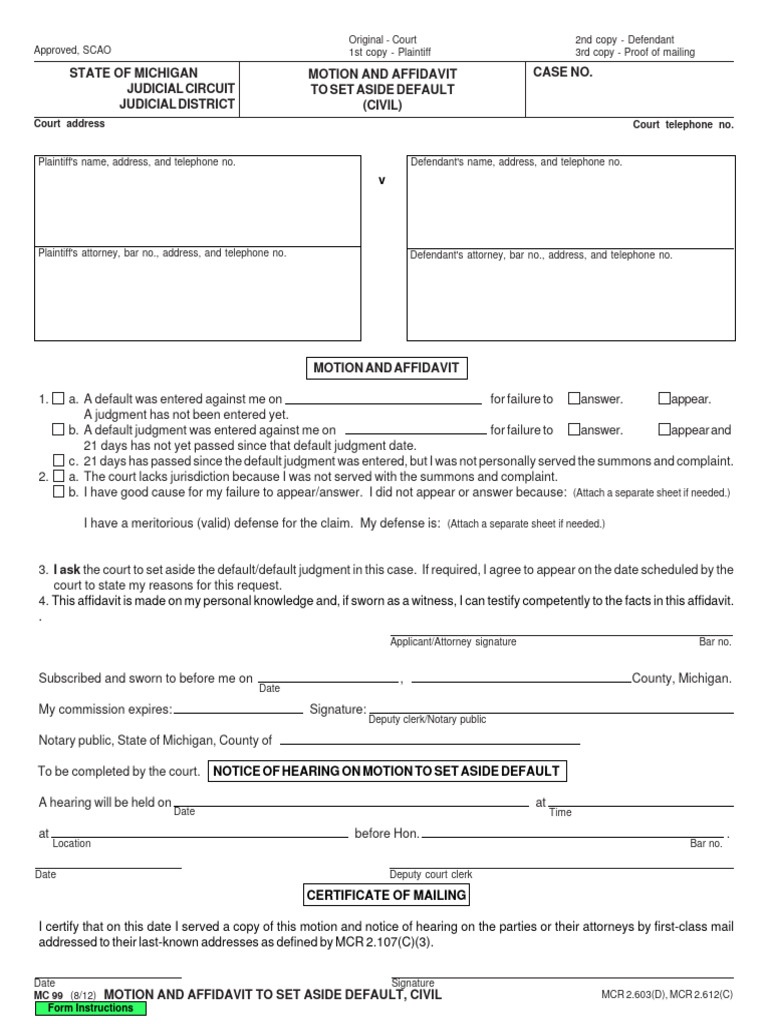 mc99 AFFIDAVIT TO SET ASIDE | PDF | Default Judgment | Affidavit
