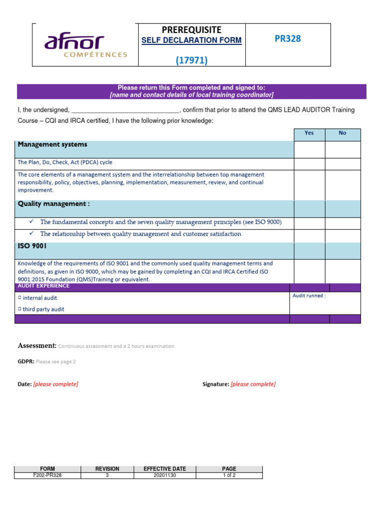 Form202-A - Self Declaration QMS - A Faire V 122015 FR | PDF | Iso 9000 ...