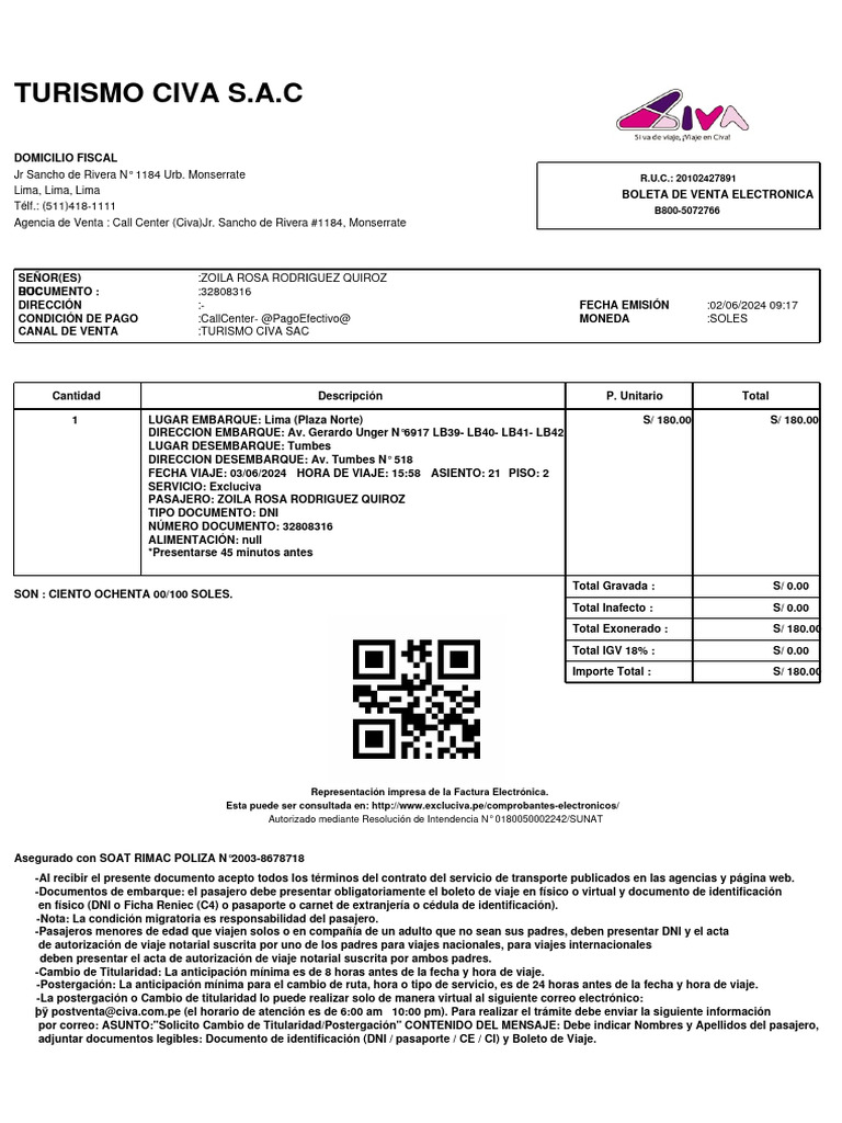 Turismo Civa S.A.C: Autorizado Mediante Resolución de Intendencia #0180050002242/SUNAT | PDF ...