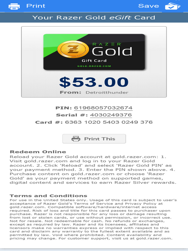 Your Razer Gold Egift Card | PDF