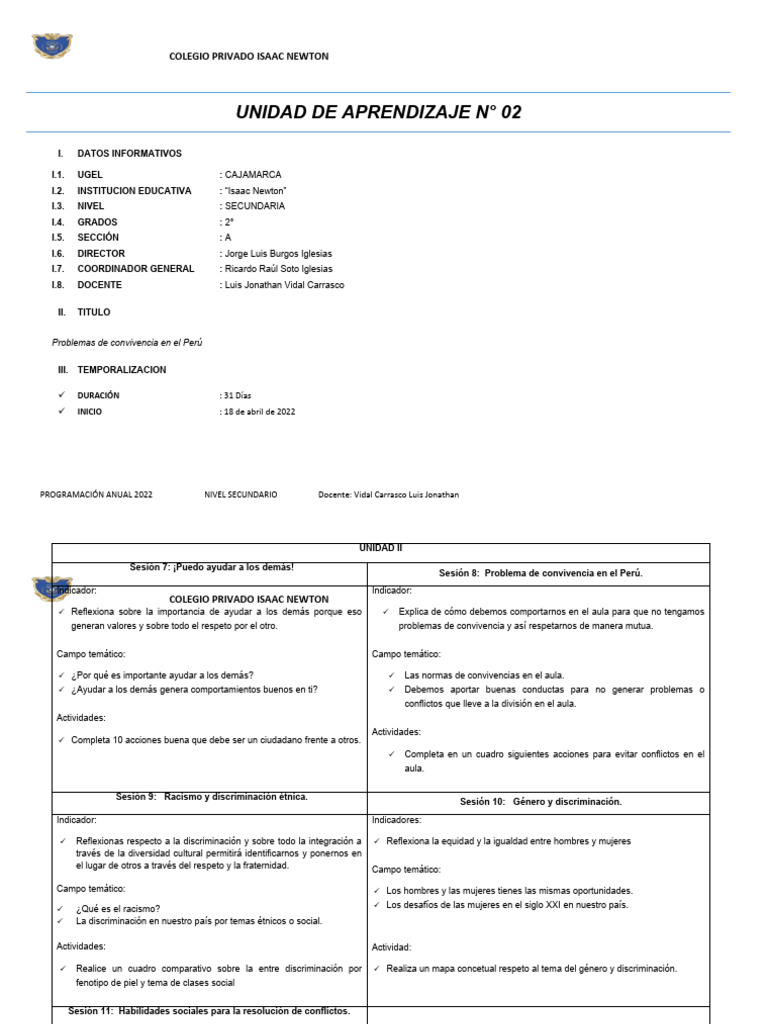 Unidad Ii 2° A - DPCC - 2022 Isaac Newton | PDF | Maestros | Psicología Social