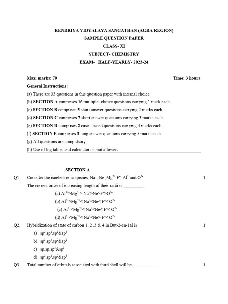 Sample Paper XI Chemistry Halfyearly 2023 24 | PDF | Qualifications | Student Assessment And ...