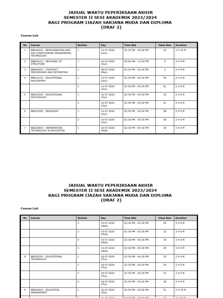 Jadual Exam II2324 Draf 2 V 3 | PDF | Engineering | Applied And ...