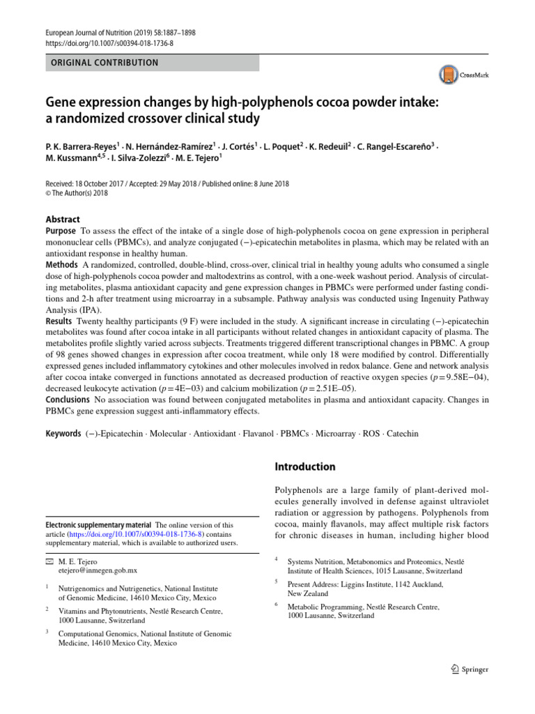 BARRERA-REYES 2019 Gene Expression Changes by High-Polyphenols Cocoa Powder Intake | PDF ...