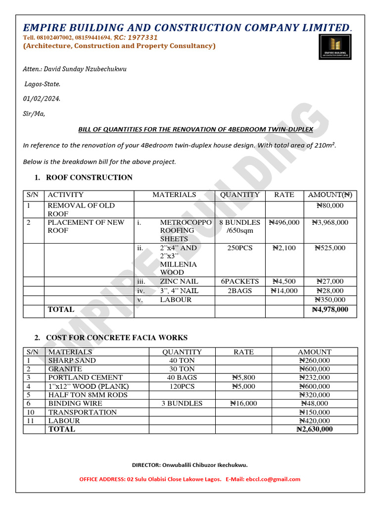 Empire Building Bill of Quantity For House Renovation-1 | PDF ...