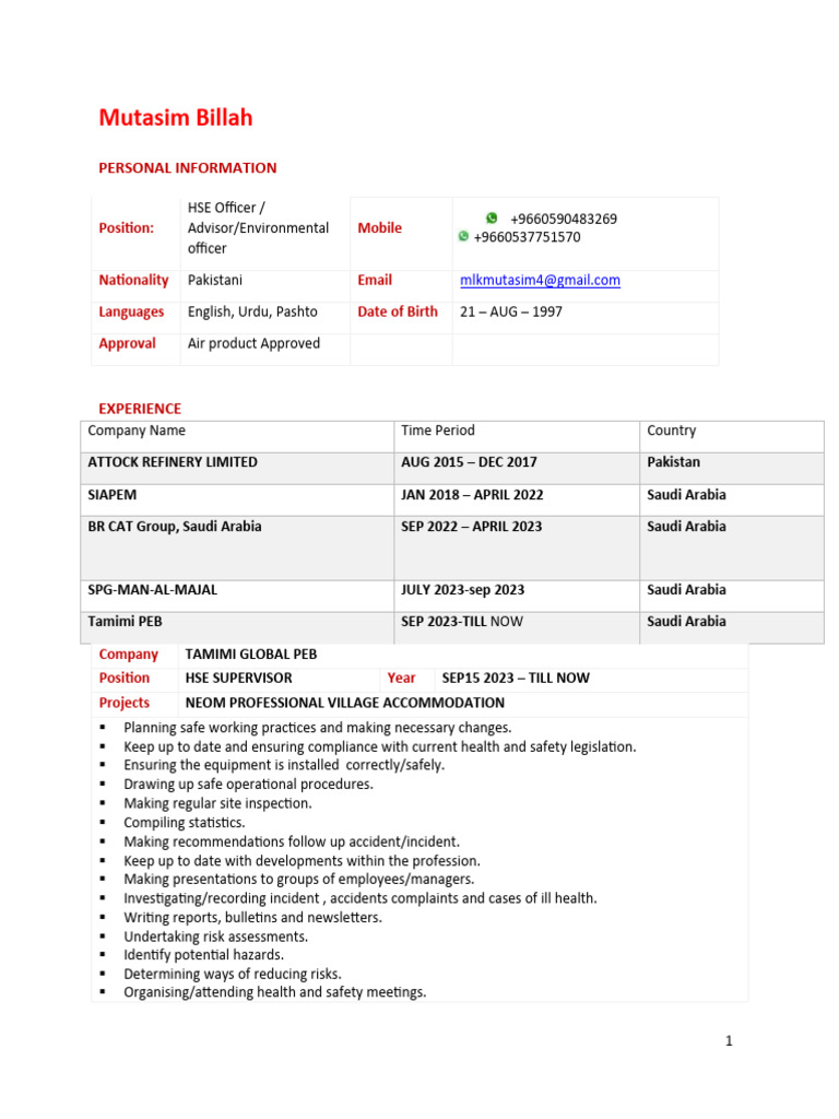 Mutasim Billah Hse Supervisor CV | PDF | Occupational Safety And Health | Safety