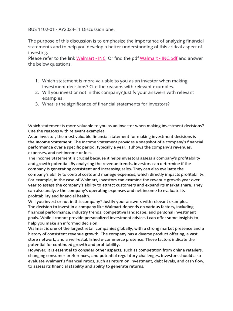 BUS 1102-Discussion One | PDF | Investing | Financial Statement BUS 1102-Discussion One | PDF | Investing | Financial Statement