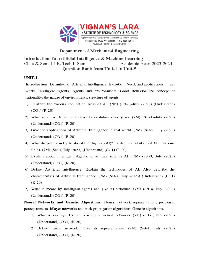 AIML QUESTION BANK | PDF | Support Vector Machine | Artificial Intelligence AIML QUESTION BANK | PDF | Support Vector Machine | Artificial Intelligence