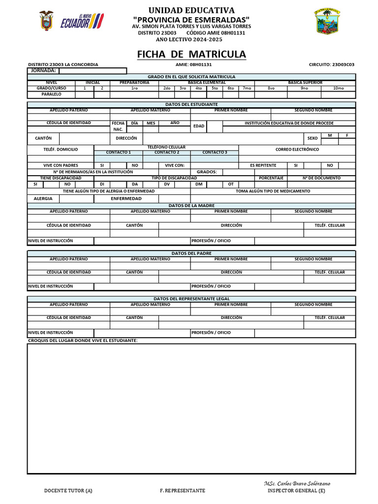 Ficha De Matricula 2024 2025 Pdf