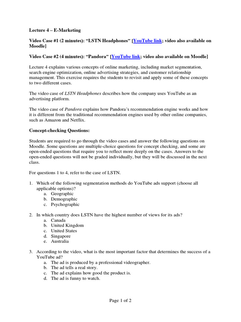 Lecture 4 - Class Exercises E-Business | PDF | You Tube | Online Advertising