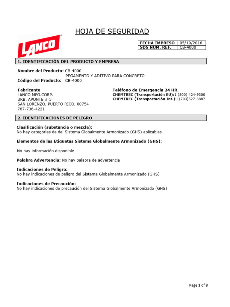 Ficha de Seguridad CB4000 Espa Ol | PDF | Compuesto orgánico volátil | Agua