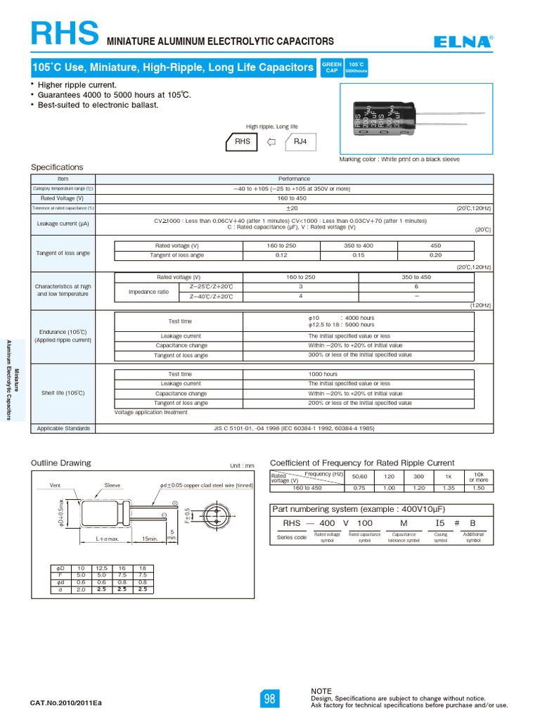 Elna [radial thru-hole] RHS Series | Download Free PDF | Capacitor ...