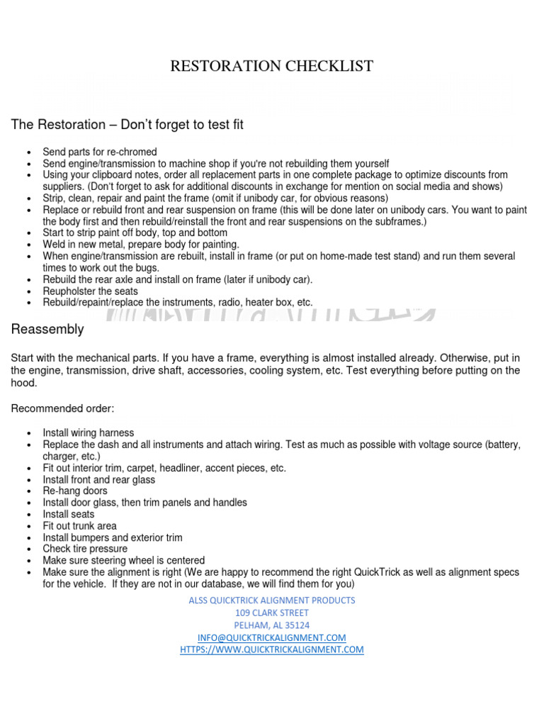 Restoration Checklist | PDF | Coupes | Private Transport