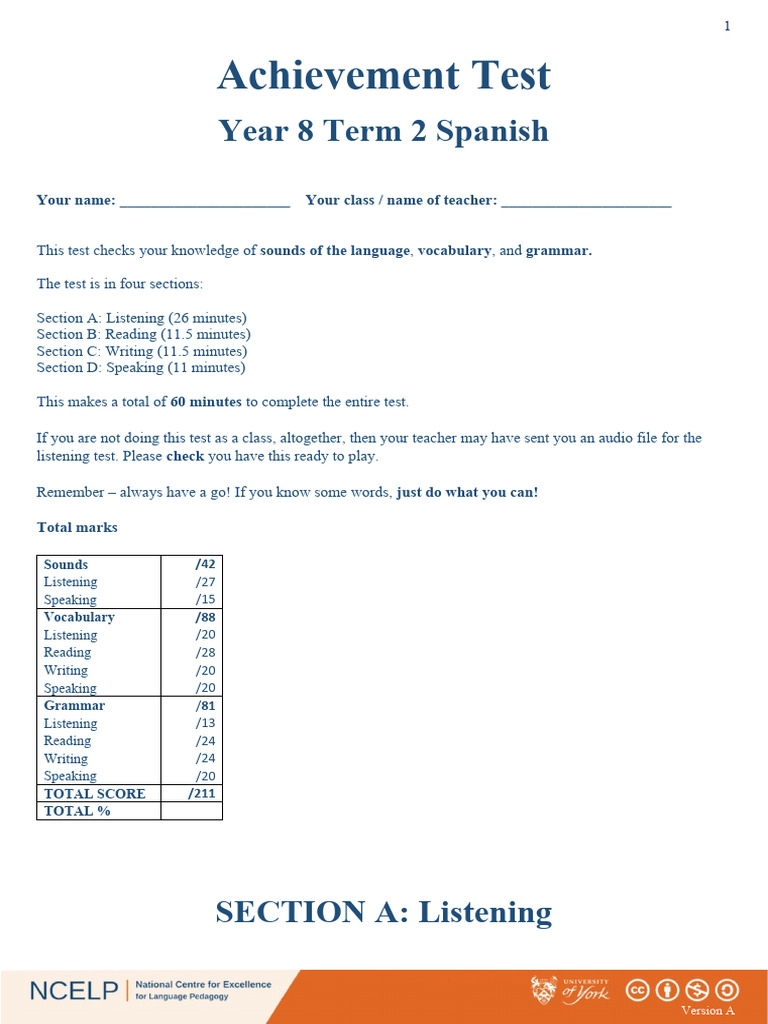 Year 8 Spanish Achievement Test | PDF | Stress (Linguistics) | Semantics
