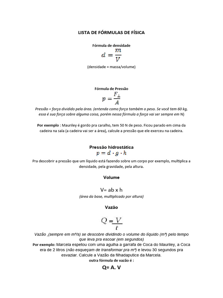 Lista de Formulas de Fisica | PDF | Pressão | Descarga (hidrologia)