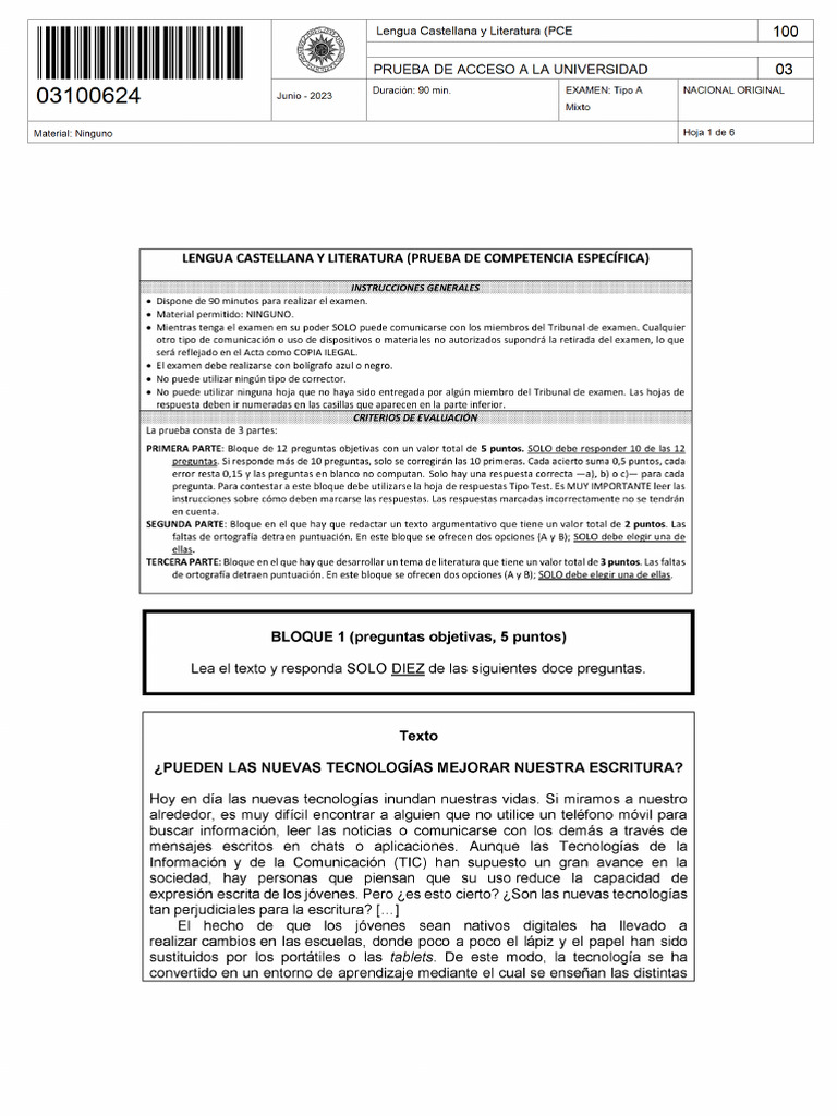 Lengua Model Oex Amen 2023 | PDF