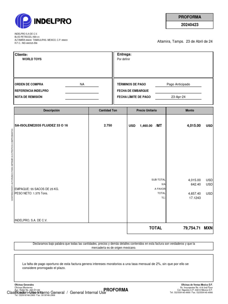 Proforma de Compra INDELPRO S.A. | PDF