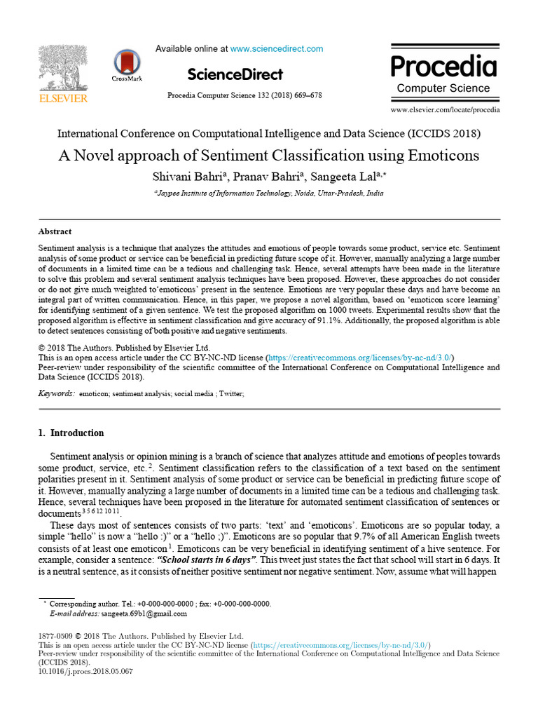 A Novel Approach of Sentiment Classification Using - 2018 - Procedia Computer SC | PDF ...