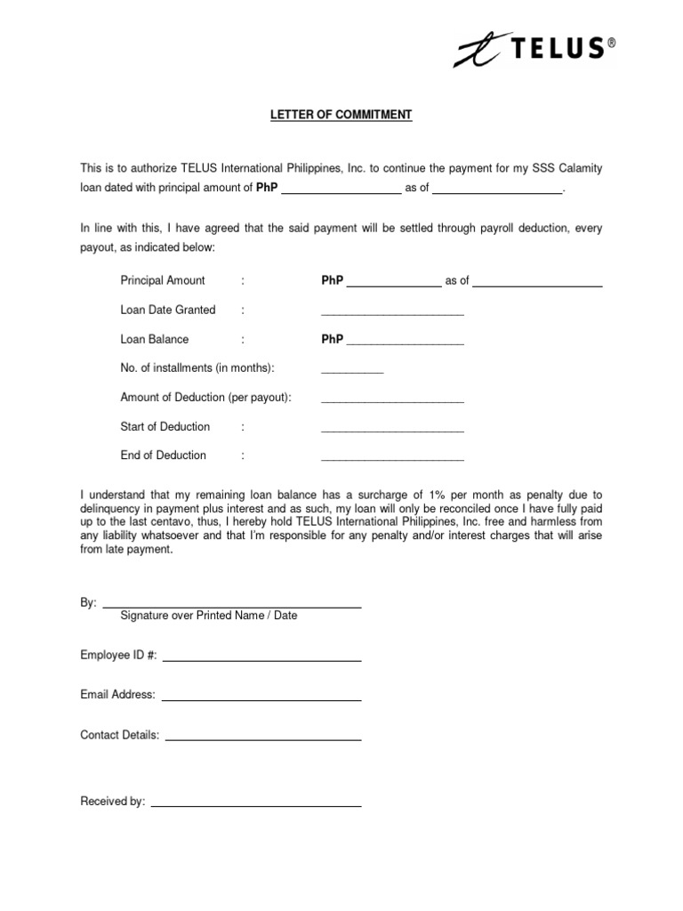 SSS - TIP - Letter of Commitment (Calamity Loan) | PDF