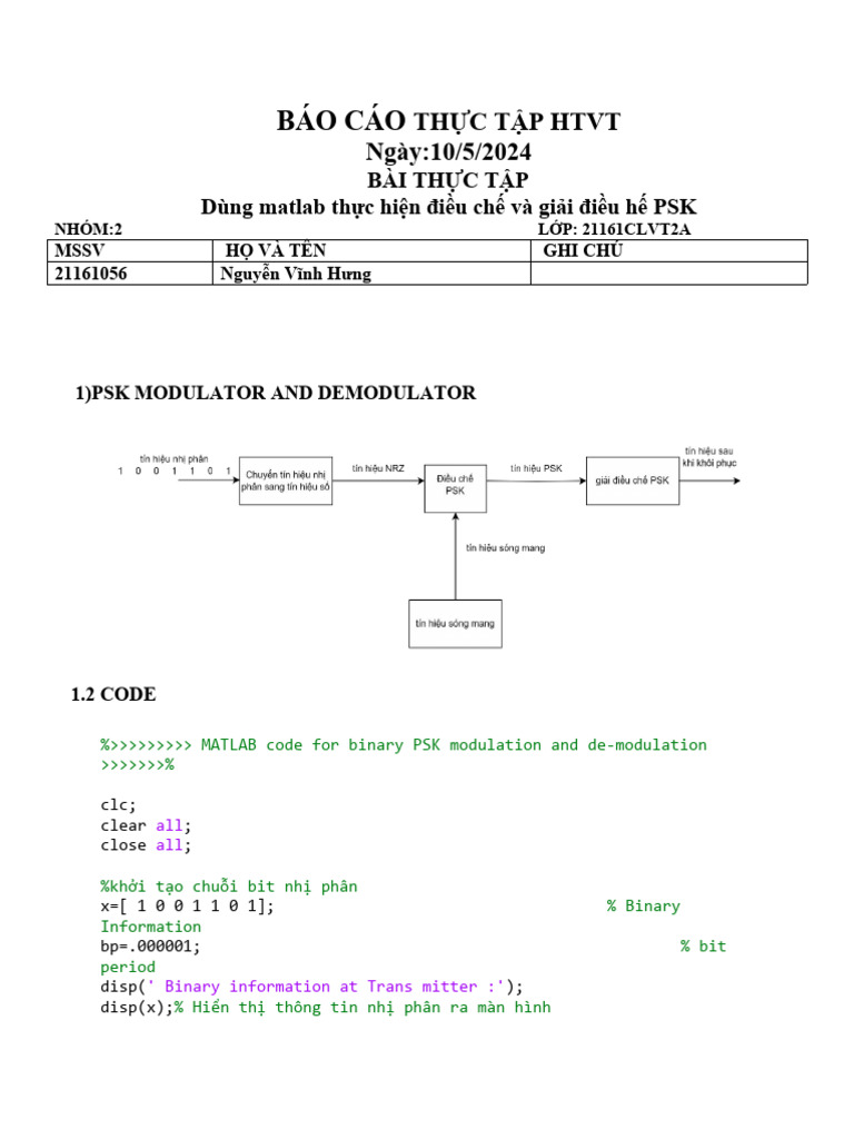 Report Matlab PSK 21161056 | PDF