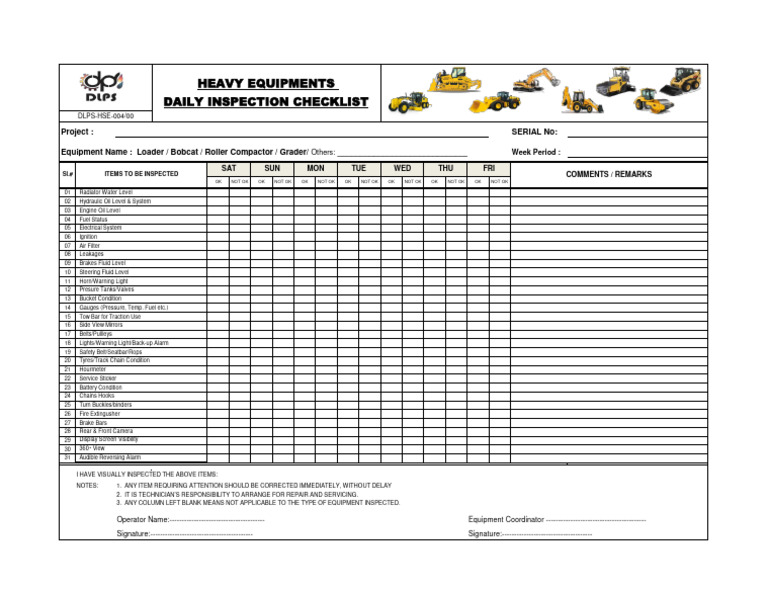 04. Heavy Equipment Daily Inspection Checklist | Download Free PDF ...