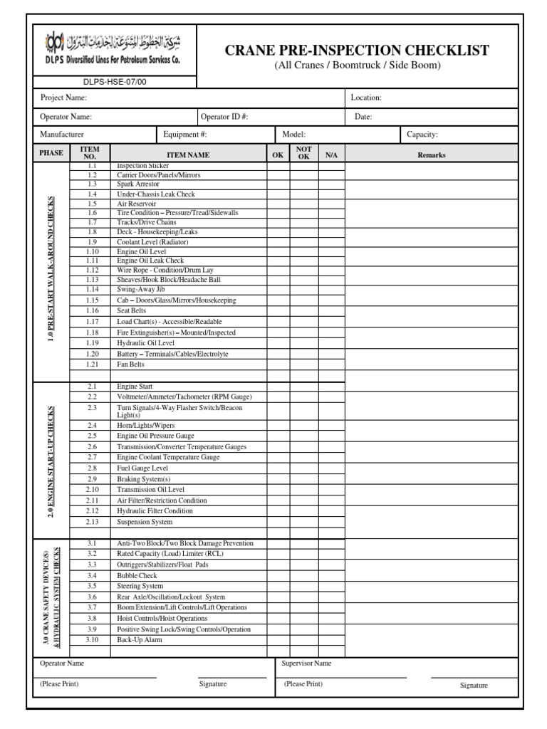 Crane Inspection Checklist (Cranes, Sideboom, Boomtruck) | PDF | Crane ...
