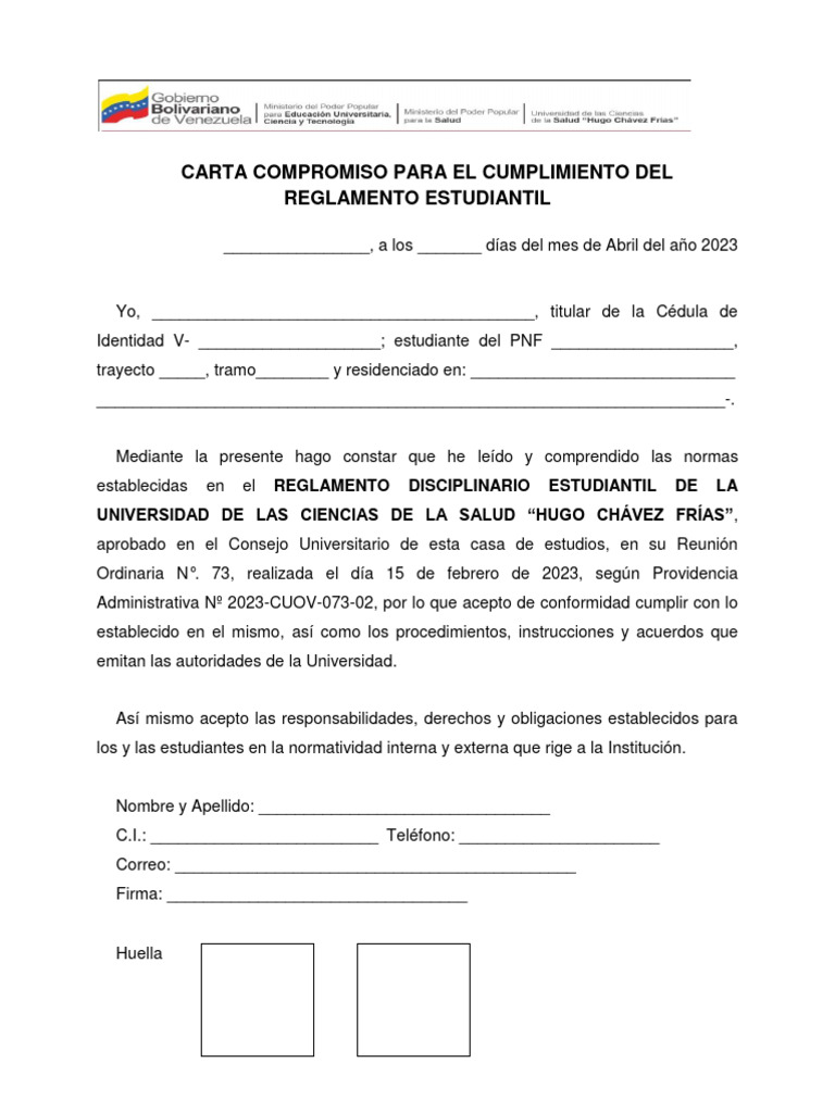 Carta Compromiso para El Cumplimiento Del Reglamento Estudiantil | PDF