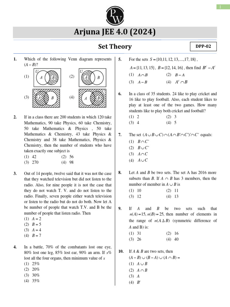Set Theory _ DPP 02 __ Arjuna JEE 4.0 2024 | Download Free PDF | Mathematics | Mathematical Concepts