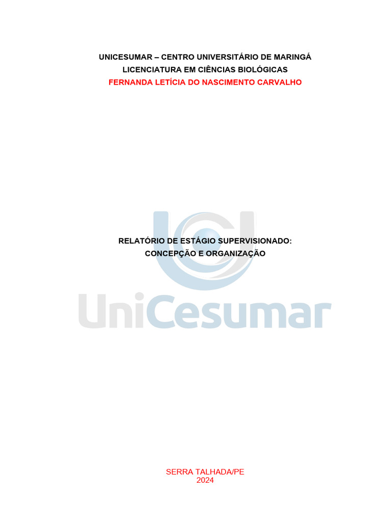Modelo Relatório - Estagio I UNICESUMAR | PDF | Pedagogia | Sociologia