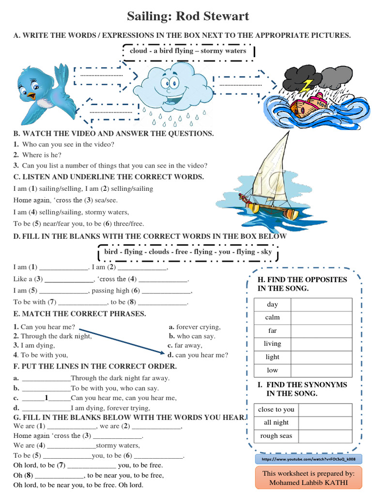 Sailing Worksheet for Rod Stewart Song | PDF | Language Arts & Discipline