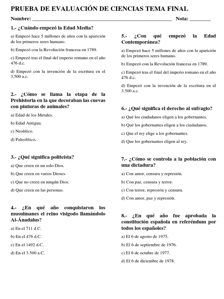 Prueba de Evaluación de Ciencias Tema Final | PDF | España
