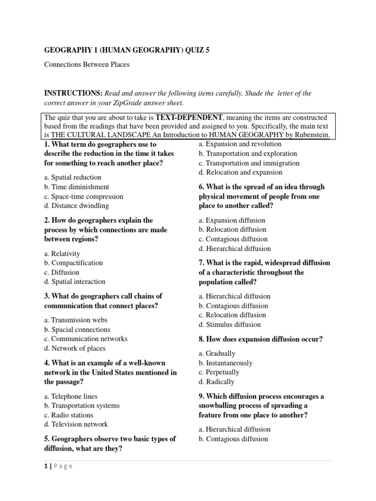 HUMAN GEOG - Quiz 5 - Connections Between Places | PDF | Geography ...