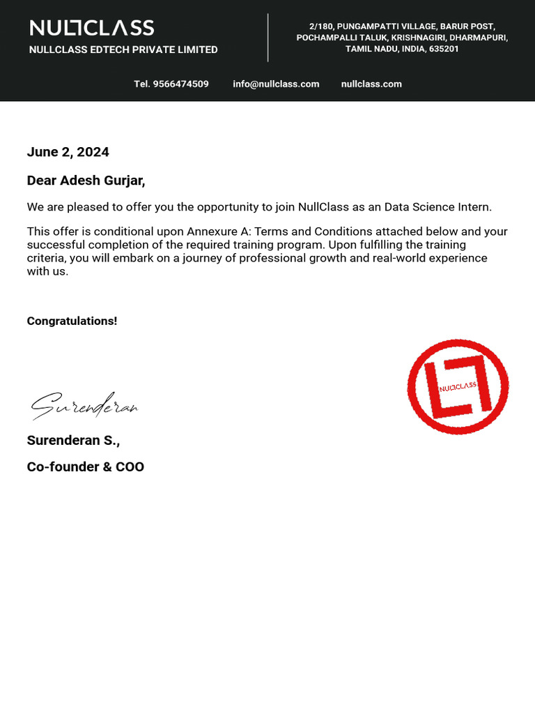 NullClass Data Science Offer Letter | PDF