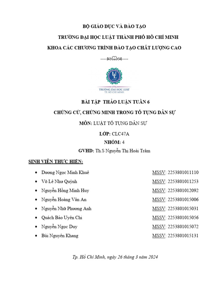 Bài tập thảo luận Tuần 6 - Luật TTDS 2024 | PDF