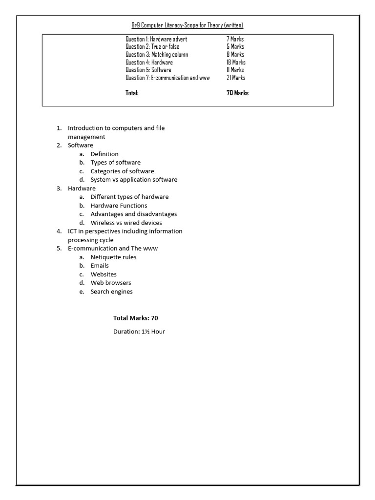 Grade 9 Computer Literacy Exam | PDF