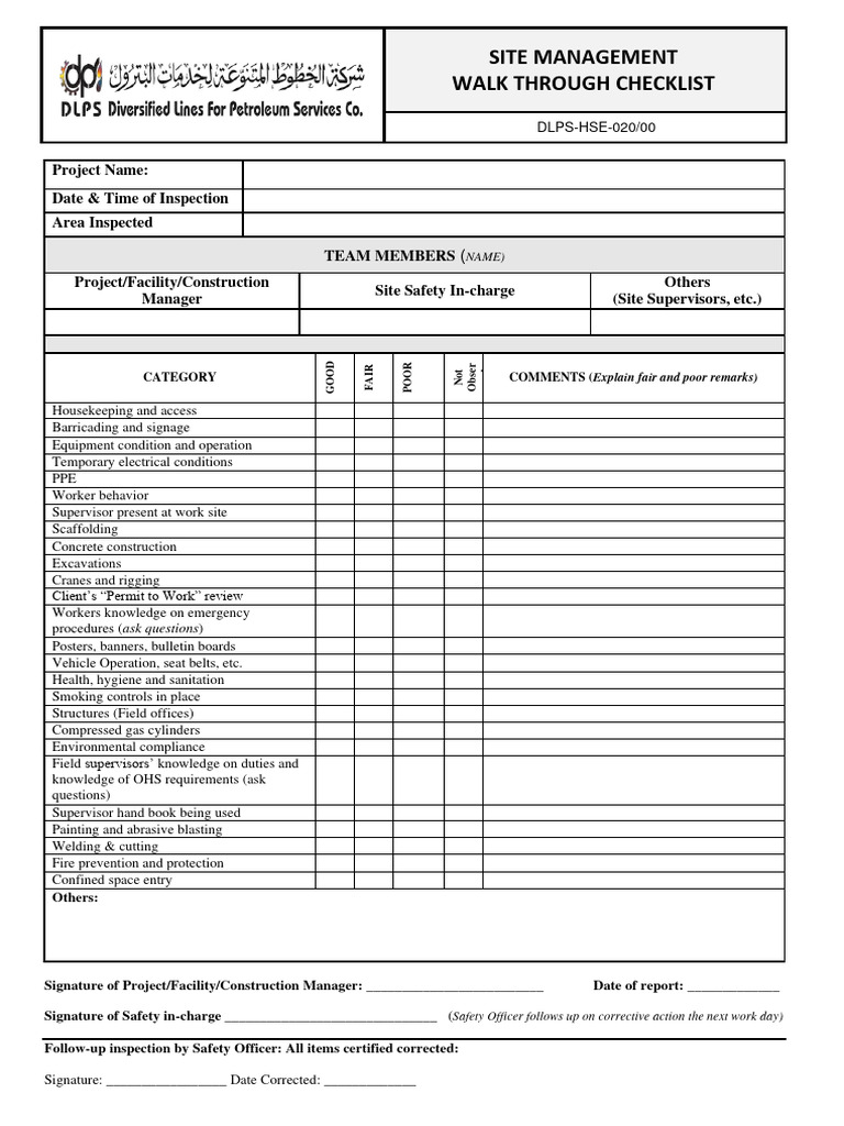 Management SIte Walkthrough Checklist | PDF