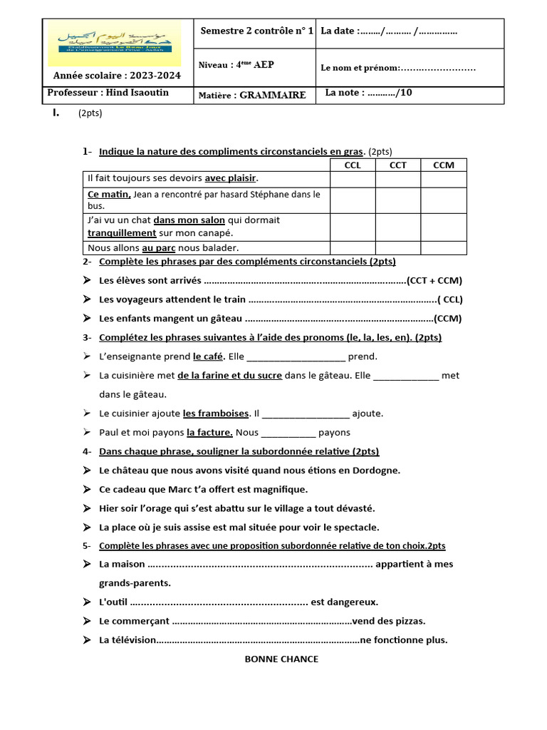 Évaluation Grammaire et Orthographe 4ème AEP | PDF | Linguistique | Syntaxe